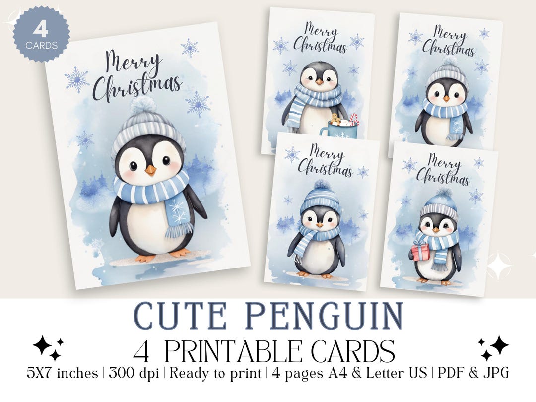 Set of 4 Watercolor "cute Penguin" Printable Cards, Christmas Cards ...