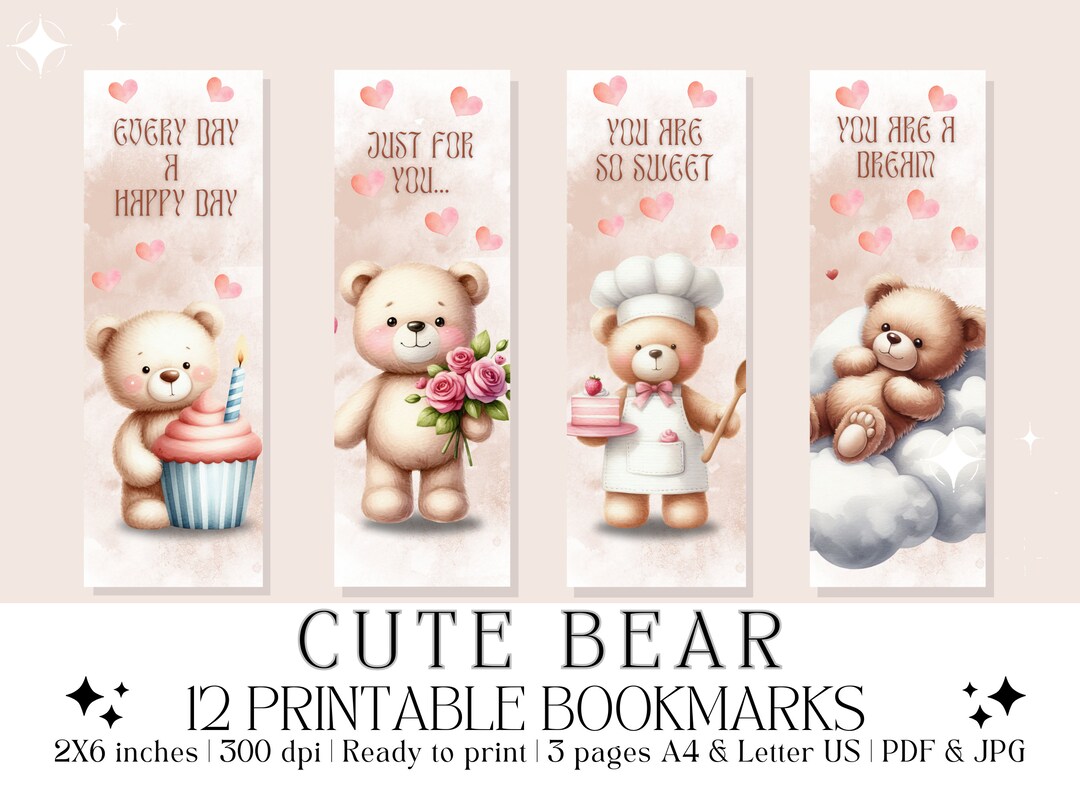 Set of 12 Watercolor "cute Bear" Printable Bookmarks, High-quality PDF ...