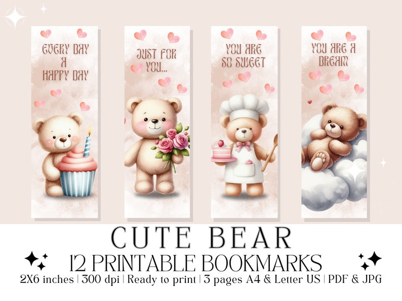 Set of 12 Watercolor "cute Bear" Printable Bookmarks, Bookmarks for ...