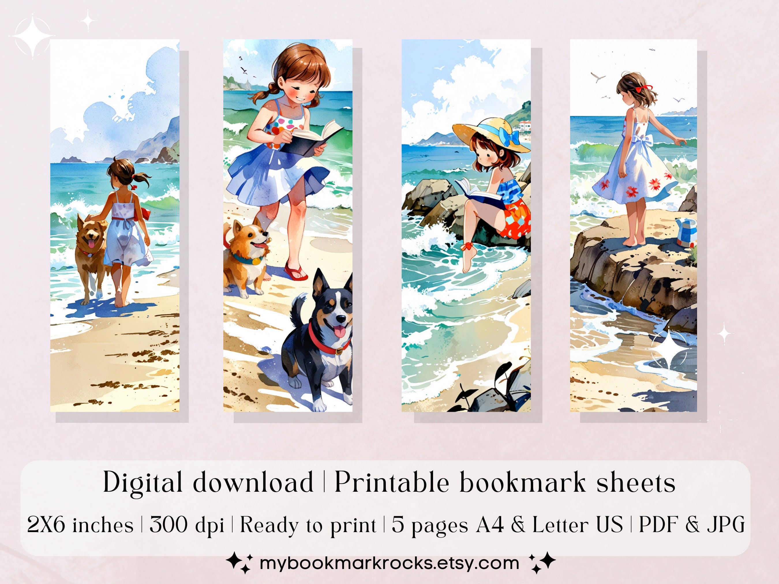 Set of 20 Watercolor summer Beach Printable Bookmarks, High-quality PDF ...