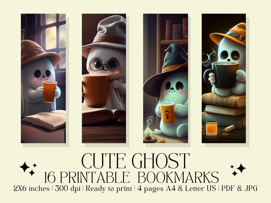 16 Cute Halloween Printable Bookmarks JPG / PDF Pages Ghost With Coffee ...