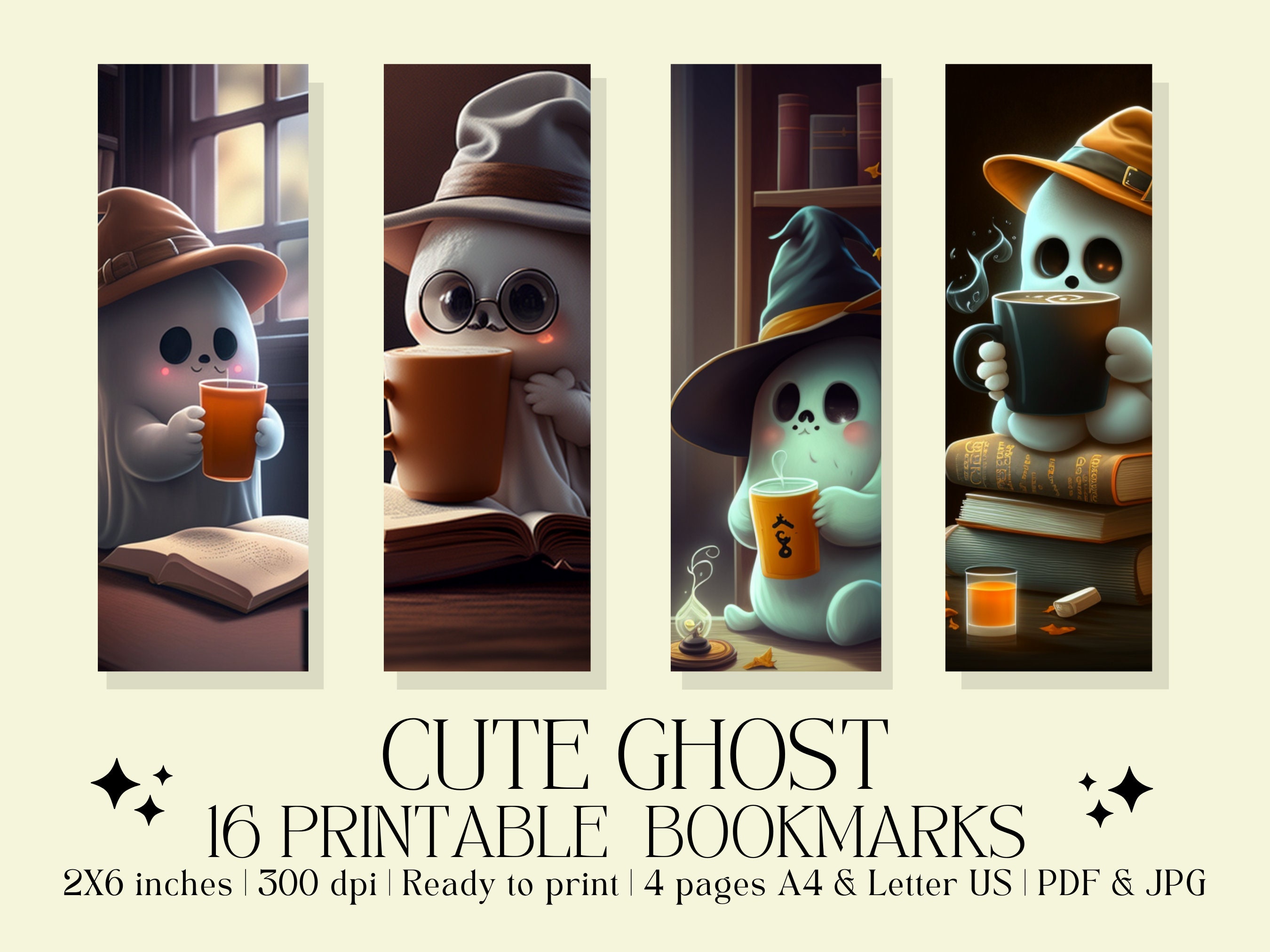 16 Cute Halloween Printable Bookmarks JPG / PDF Pages Ghost With Coffee ...