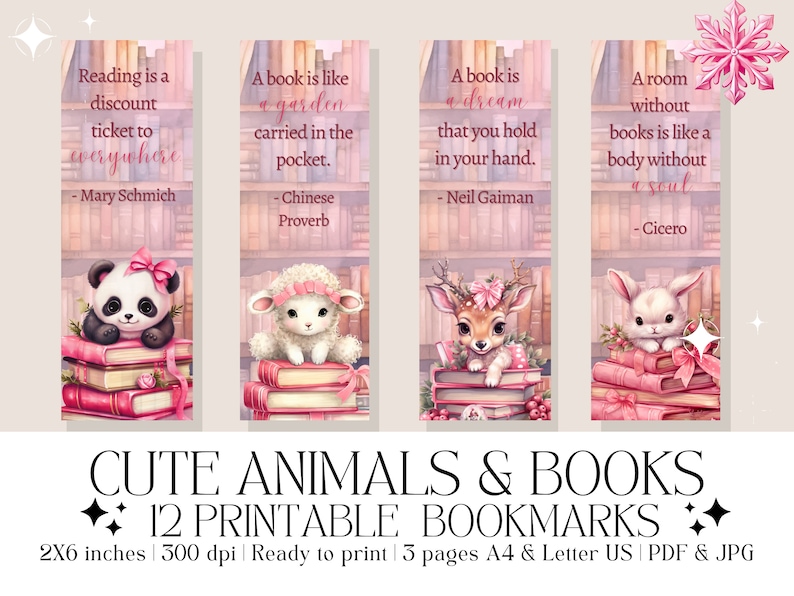 Set of 12 "cute Animals & Books" Printable Bookmarks, Christmas ...