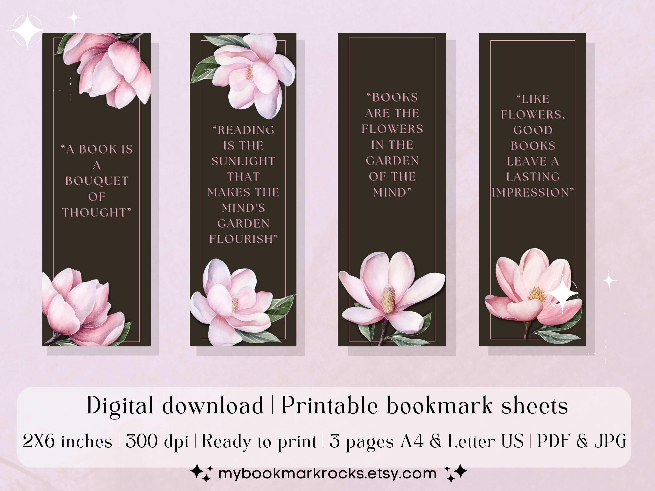Set of 12 "magnolia in Black" Printable Bookmarks, Reading Quote ...