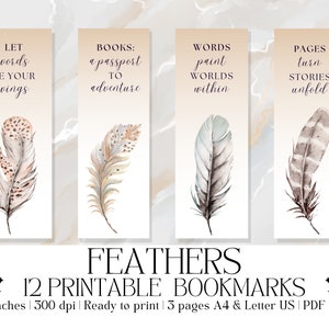 Set of 12 Watercolor "feathers" Printable Bookmarks, Quote Bookmarks ...