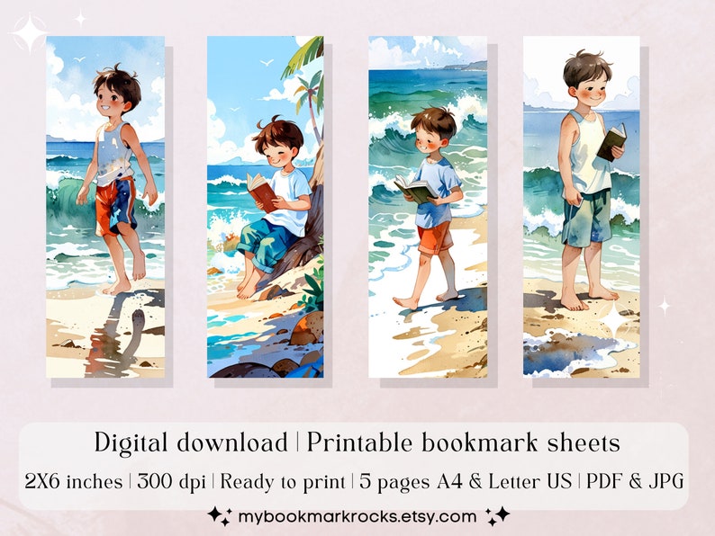 Set of 20 Watercolor beach Time Printable Bookmarks, High-quality PDF ...