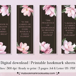 Set of 12 "magnolia in Black" Printable Bookmarks, Reading Quote ...