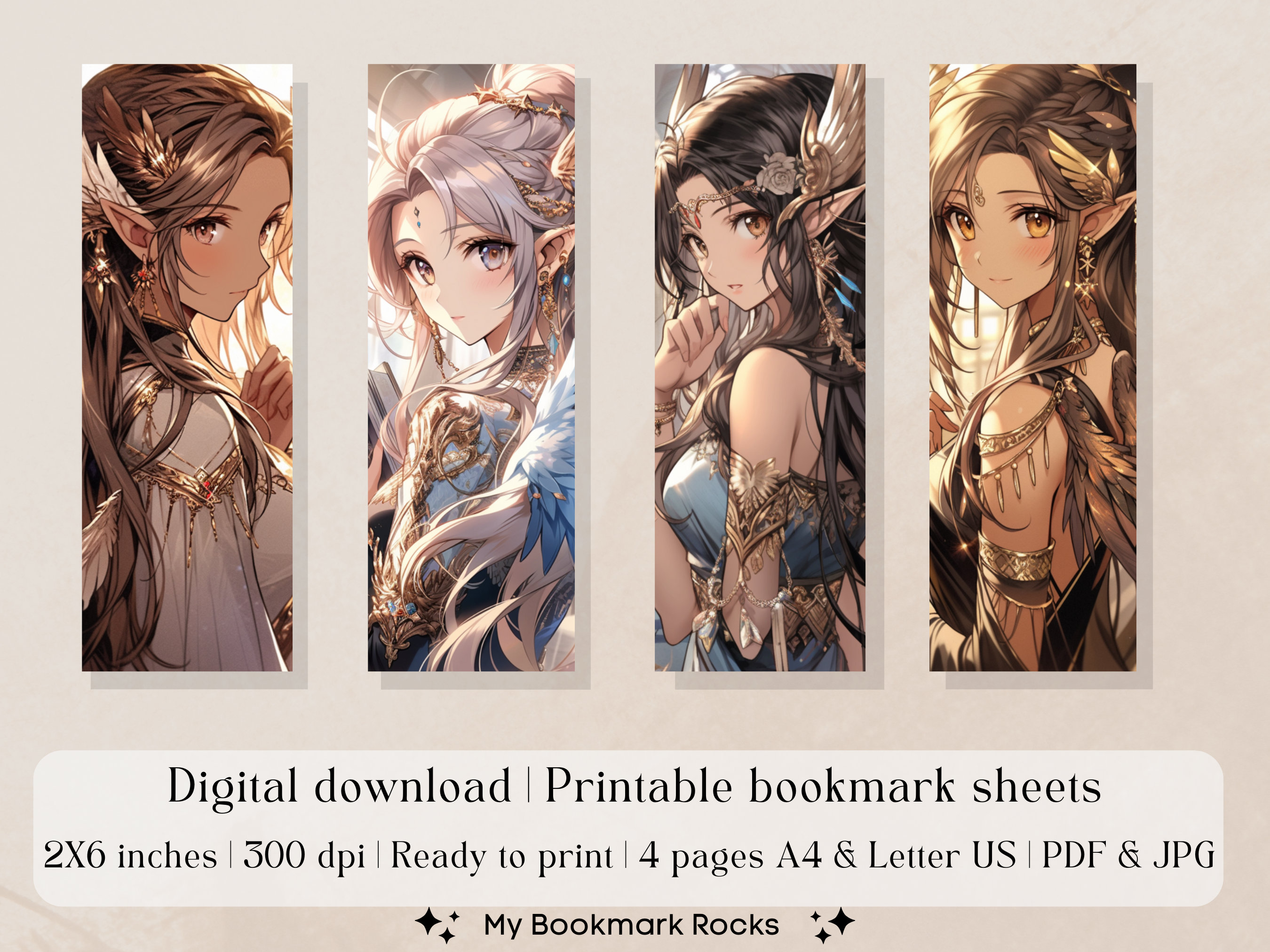 Set of 16 "beautiful Elven" Printable Bookmarks, Fantasy Designs ...