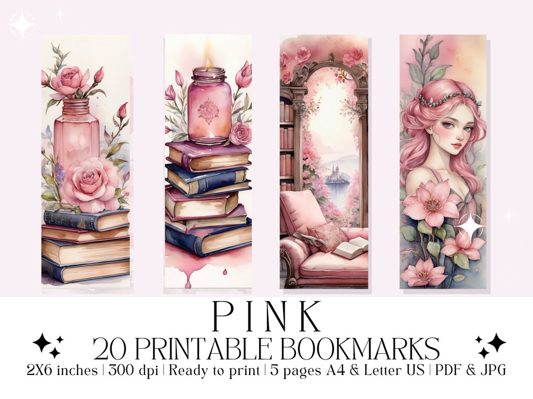 Set of 20 Watercolor "pink” Printable Bookmarks, High-quality PDF & JPG ...