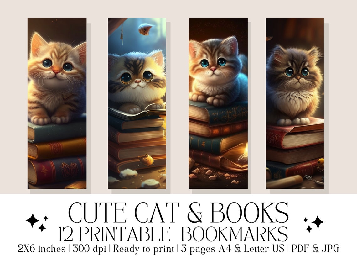 Set of 12 Cute Cat and Books Printable Bookmarks Adorable Kitten ...