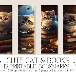 Set of 12 "cute Cat and Books" Printable Bookmarks, Reading Bookmarks ...