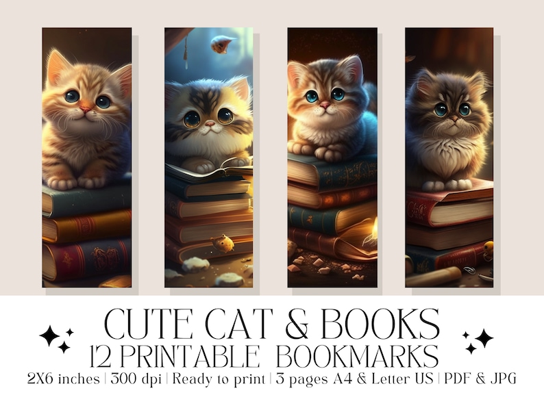 Set of 12 Cute Cat and Books Printable Bookmarks Adorable Kitten ...