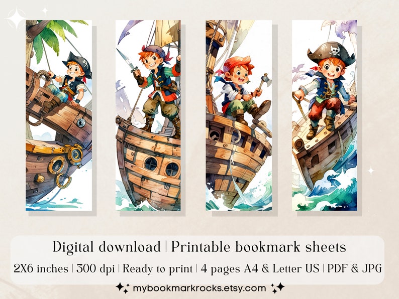 Set of 16 little Pirates Printable Bookmarks, High-quality PDF & JPG ...