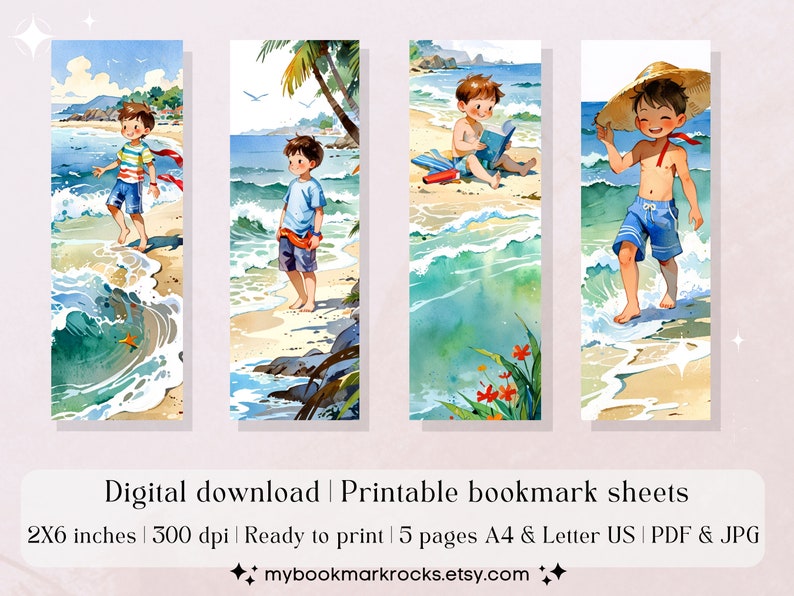 Set of 20 Watercolor beach Time Printable Bookmarks, High-quality PDF ...