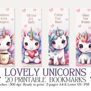 Set of 20 Kawaii "lovely Unicorns" Printable Bookmarks, Quote Bookmarks ...