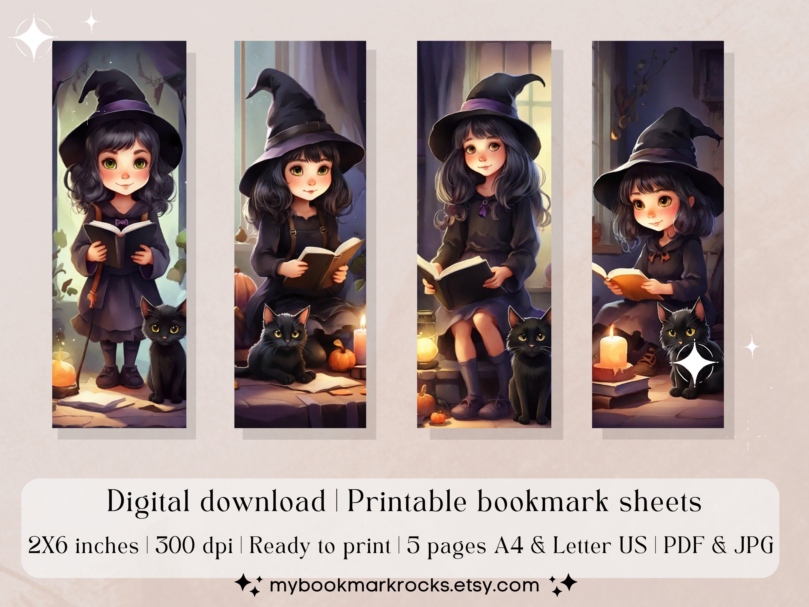 Set of 20 Watercolor "cute Witch" Printable Bookmarks, Halloween ...