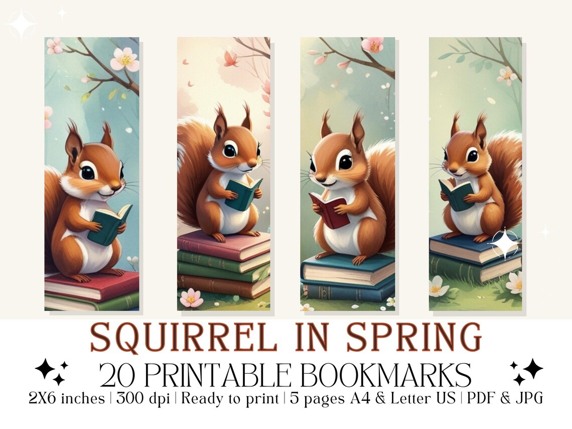 Set of 20 "squirrel in Spring" Printable Bookmarks, Spring Designs ...