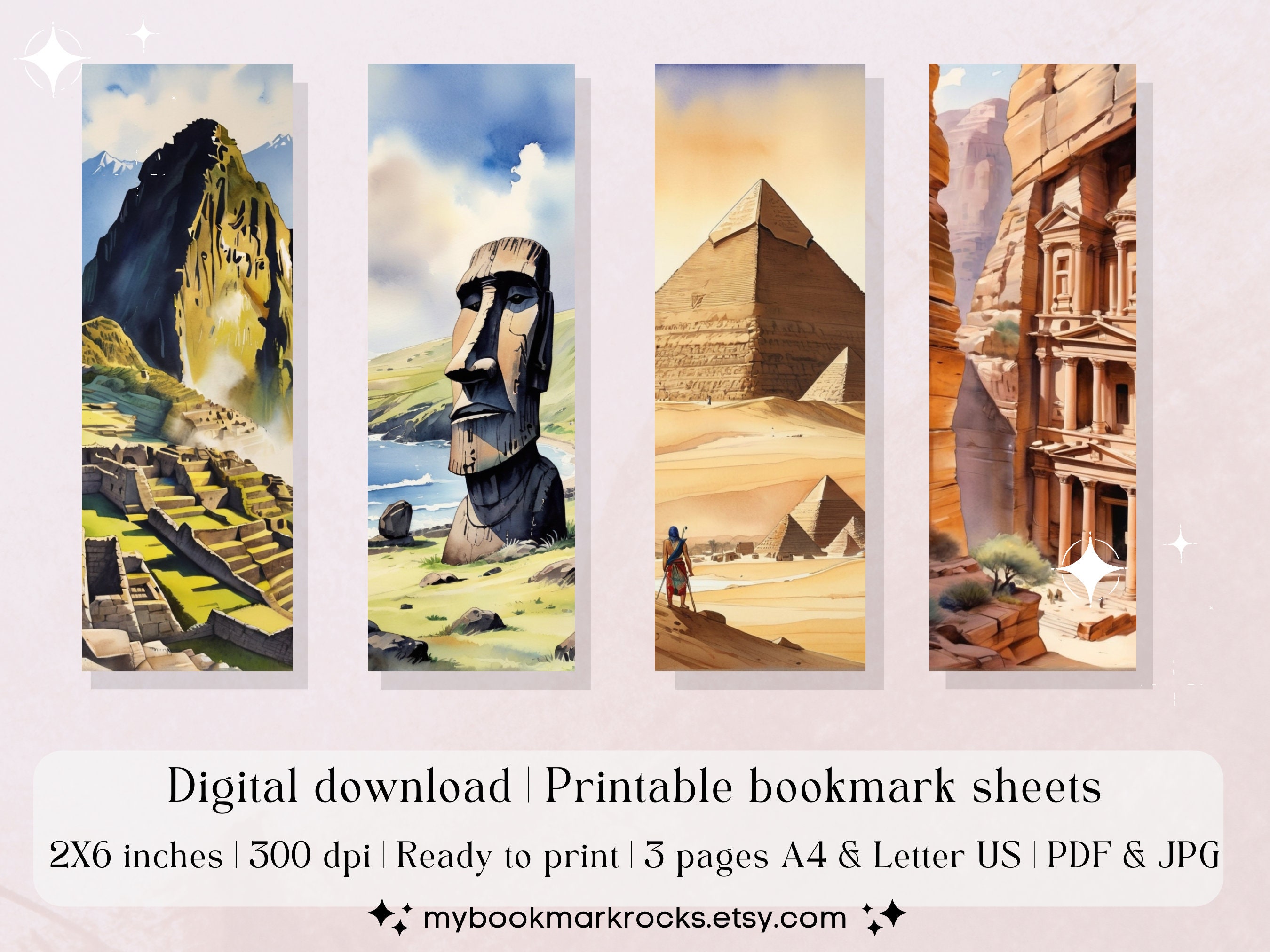 Set of 12 Watercolor "journey Through Time" Printable Bookmarks, Travel ...