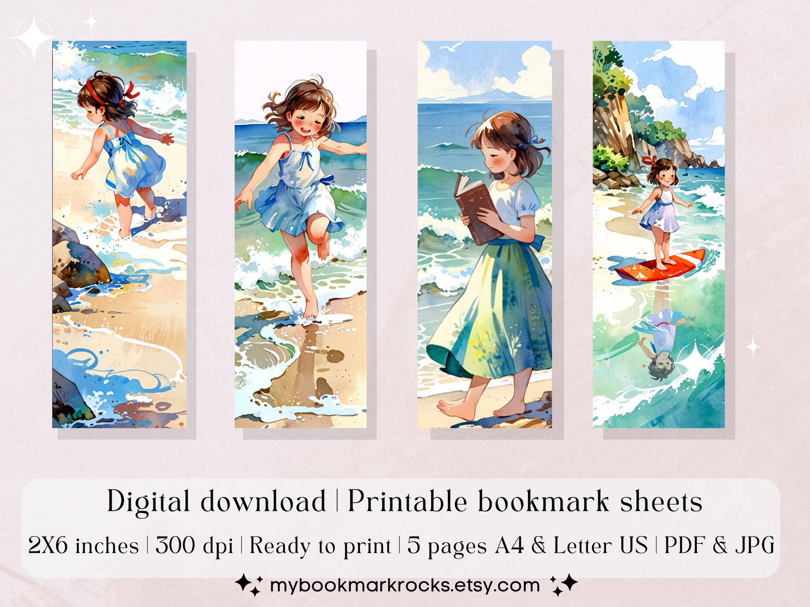 Set of 20 Watercolor summer Beach Printable Bookmarks, High-quality PDF ...