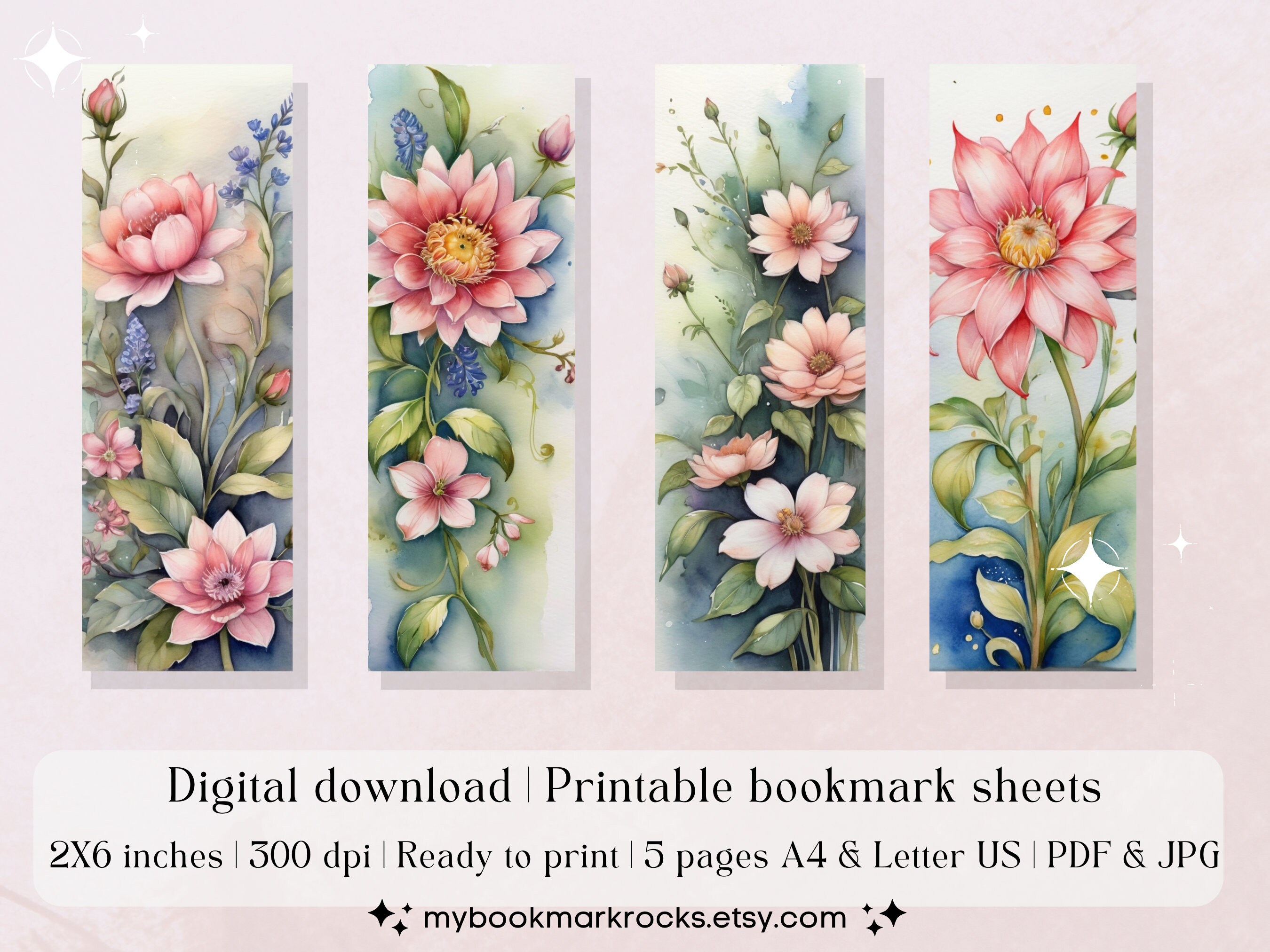 Set of 20 Watercolor 'flowers' Printable Bookmarks | High-quality PDF ...
