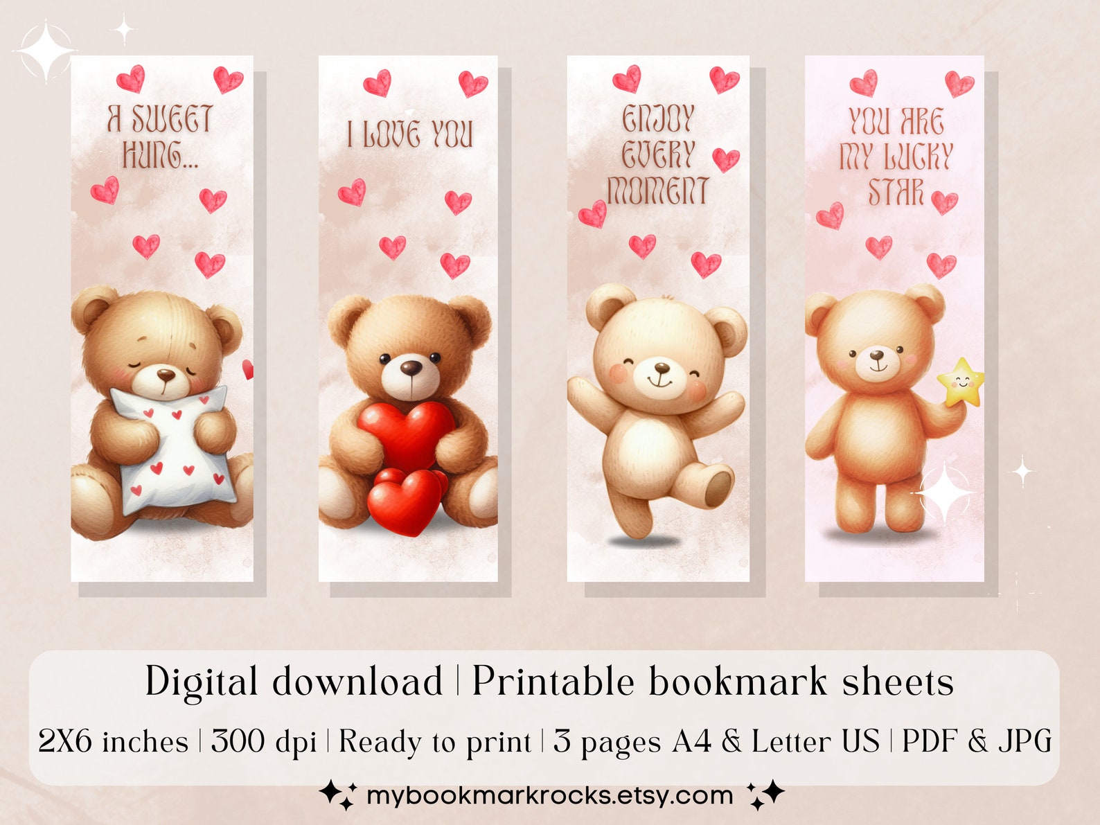 Set of 12 Watercolor "cute Bear" Printable Bookmarks, Bookmarks for ...