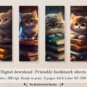 Set of 12 "cute Cat and Books" Printable Bookmarks, Reading Designs ...