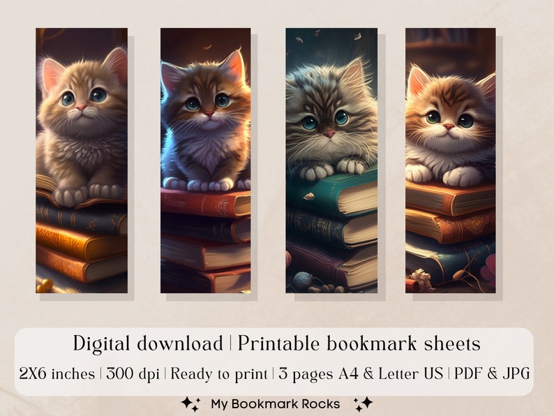 Set of 12 Cute Cat and Books Printable Bookmarks Adorable Kitten ...