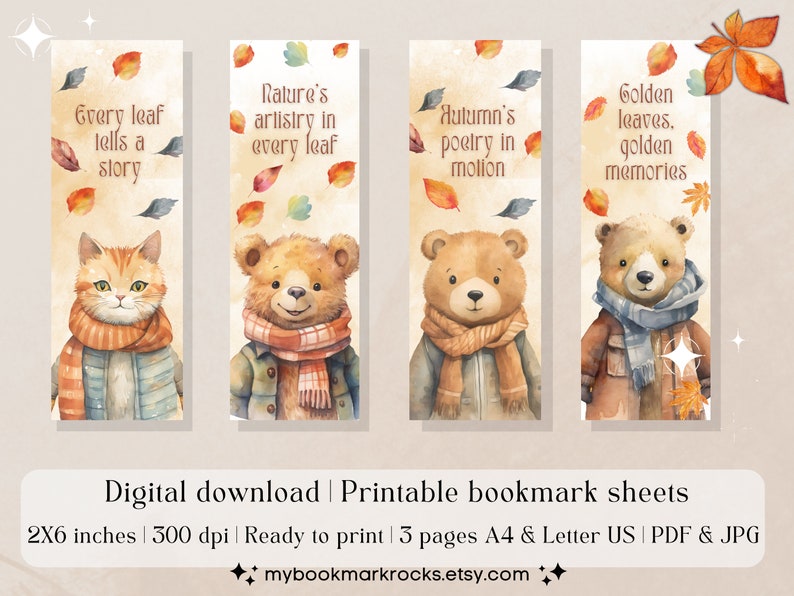 Set of 12 "cute Animals in Autumn" Printable Bookmarks, Fall Designs ...