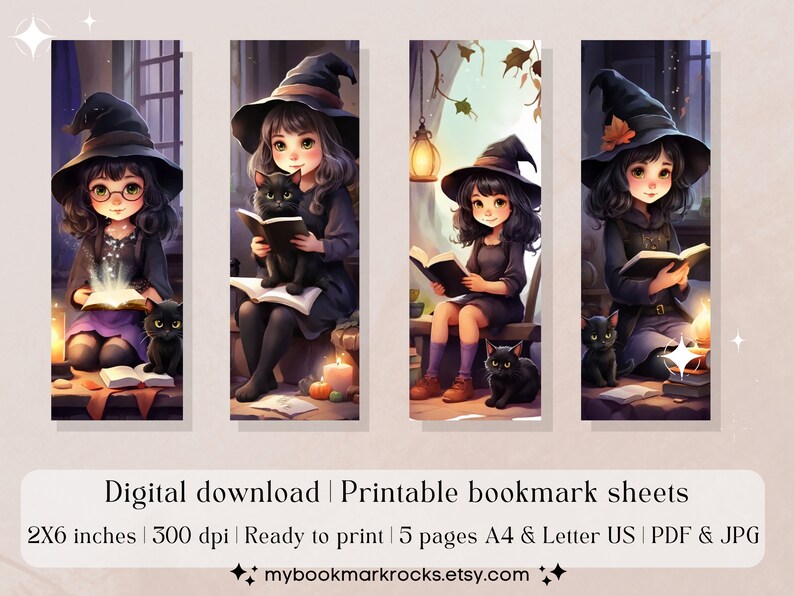 Set of 20 Watercolor "cute Witch" Printable Bookmarks, Halloween ...
