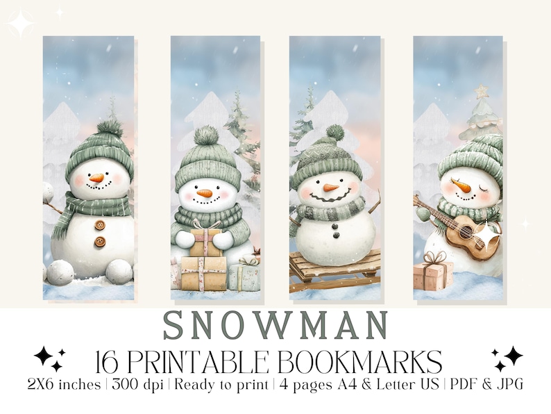 Set of 16 Pastel "snowman" Printable Bookmarks, Winter Designs ...