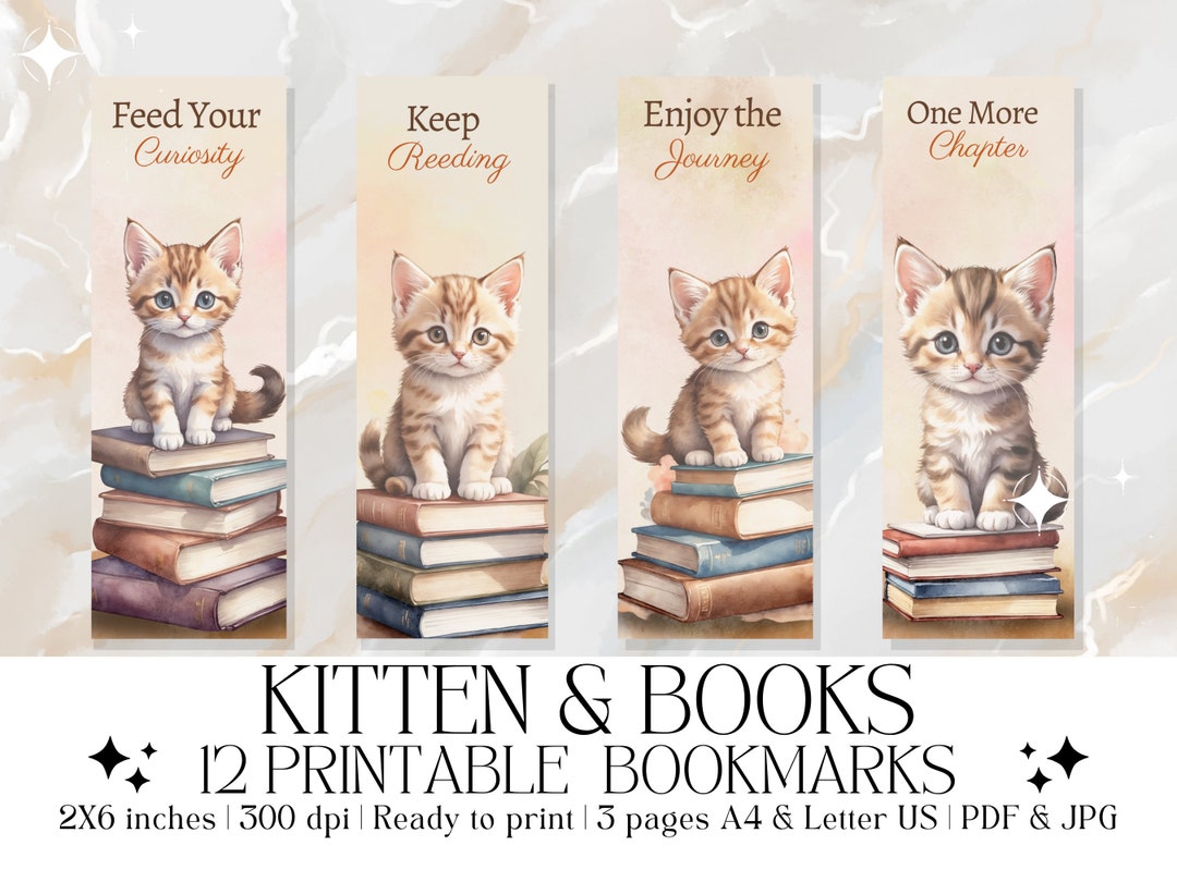 Set of 12 "kitten & Books" Printable Bookmarks, Cat Designs With ...