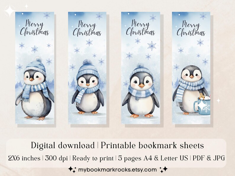 Set of 20 Watercolor "cute Penguin" Printable Bookmarks, Christmas ...