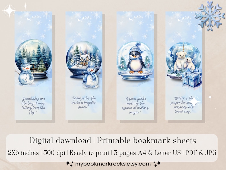 Set of 12 Blue Snow Globe Printable Bookmarks | Christmas Bookmarks ...