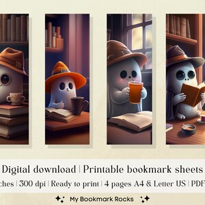 16 Cute Halloween Printable Bookmarks JPG / PDF Pages Ghost With Coffee ...