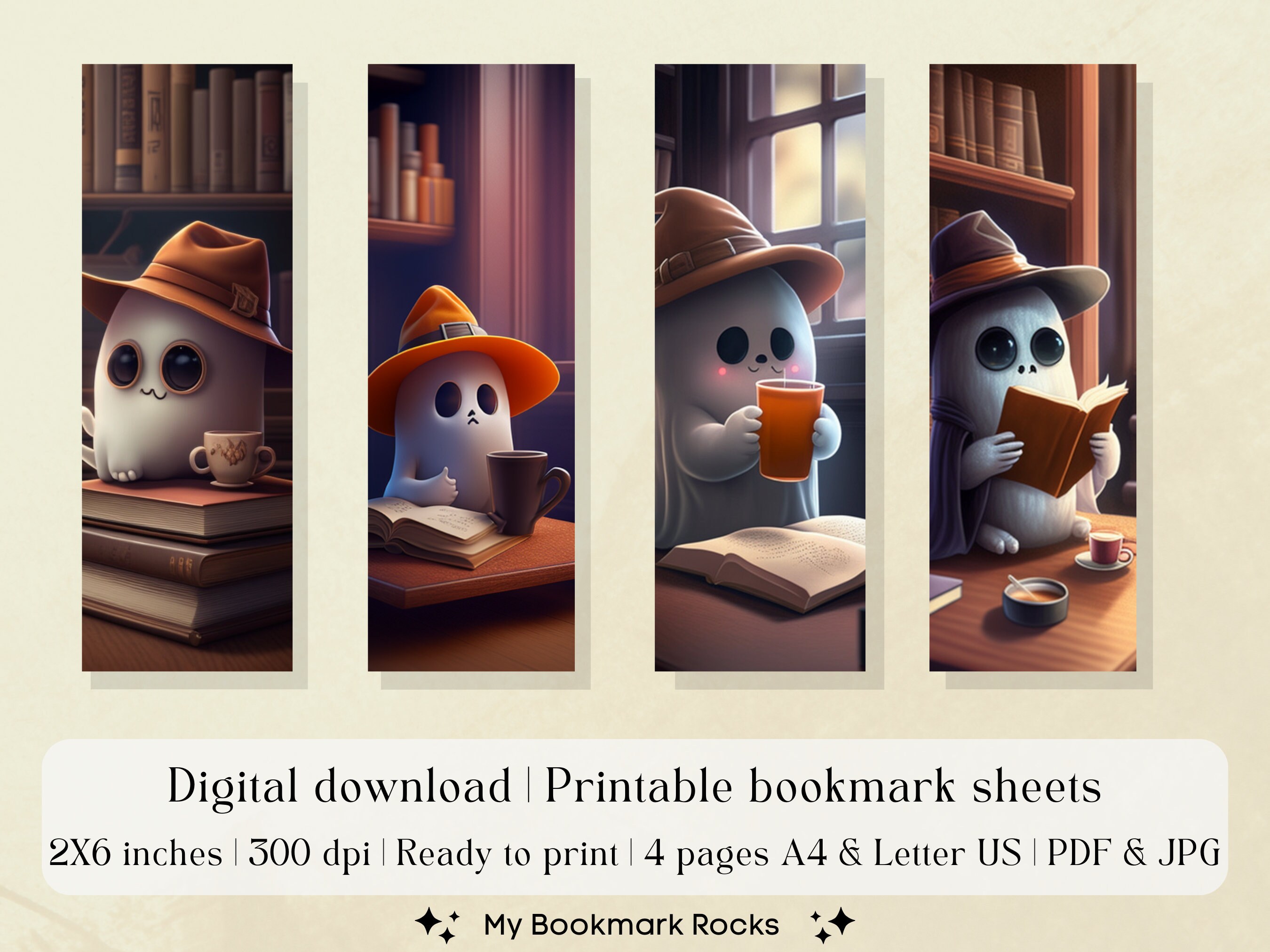 16 Cute Halloween Printable Bookmarks JPG / PDF Pages Ghost With Coffee ...