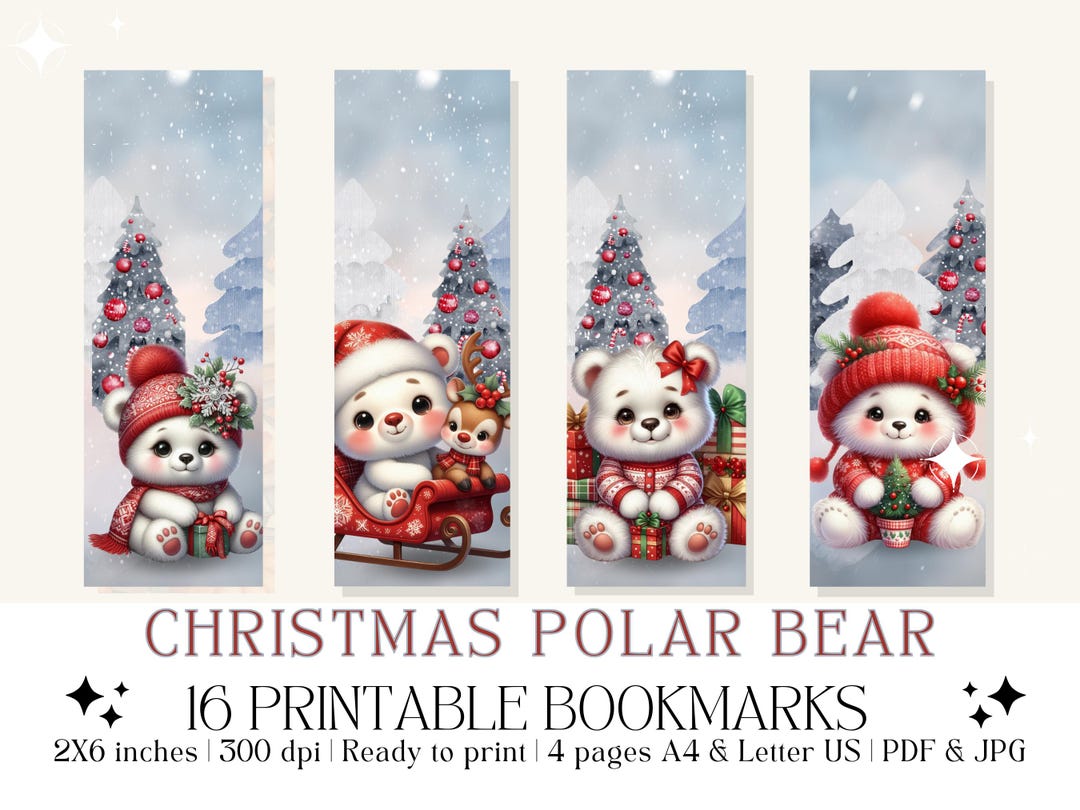 Set of 16 "christmas Polar Bear" Printable Bookmarks, Christmas Designs ...
