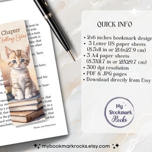 Set of 12 "kitten & Books" Printable Bookmarks, Cat Designs With ...