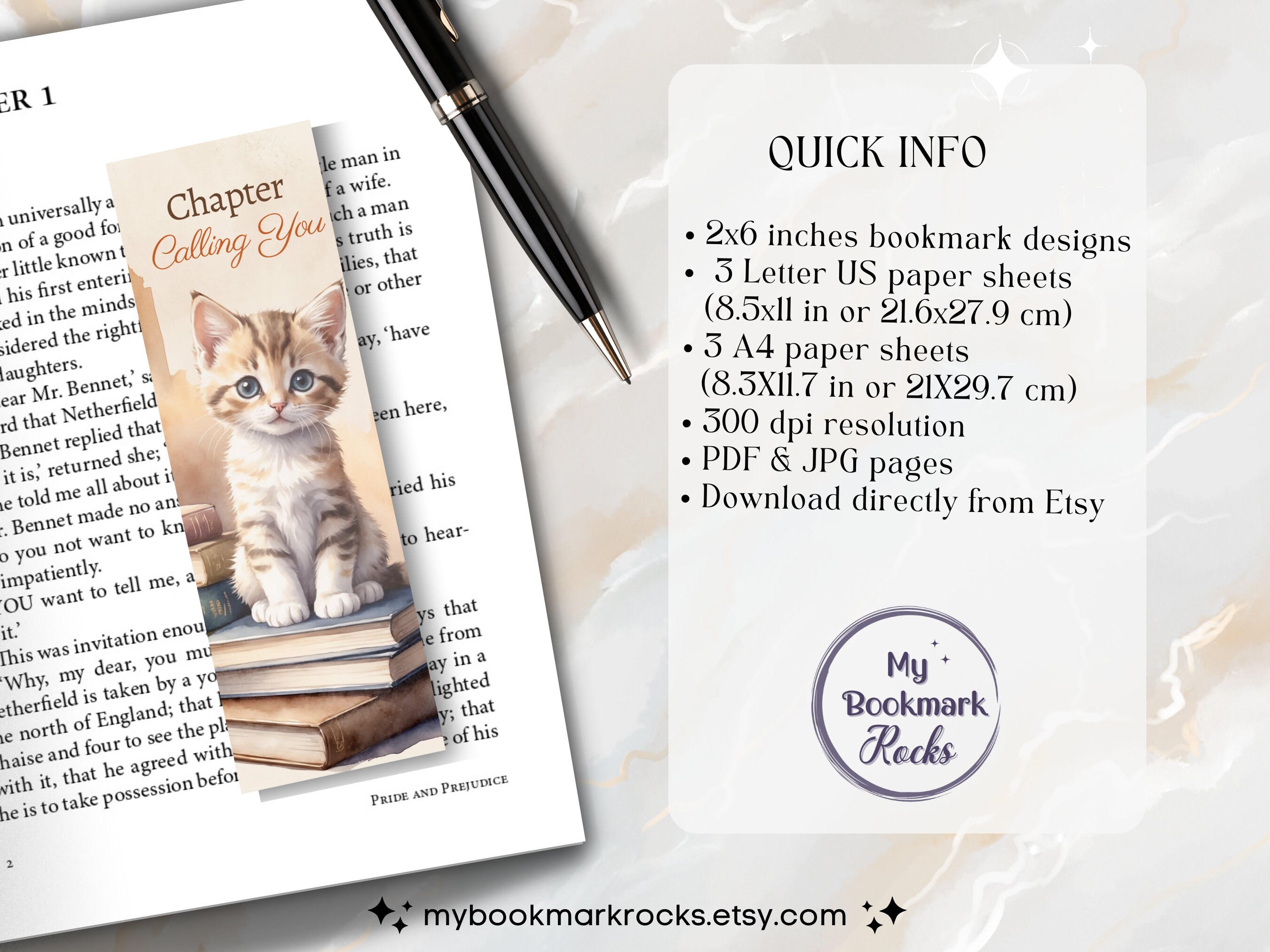 Set of 12 “kitten & Books” Printable Bookmarks | Digital Bookmarks ...