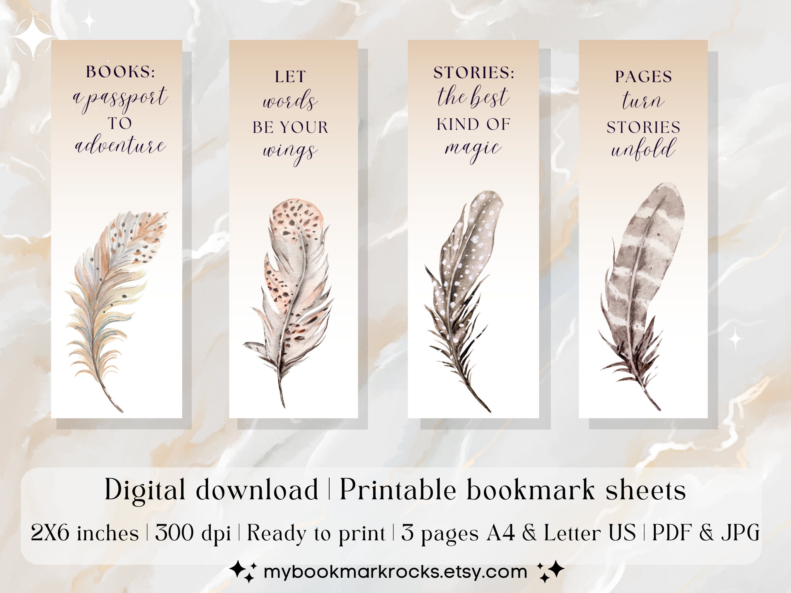 Set of 12 Watercolor "feathers" Printable Bookmarks, Quote Bookmarks, Bookish Gift | Instant ...