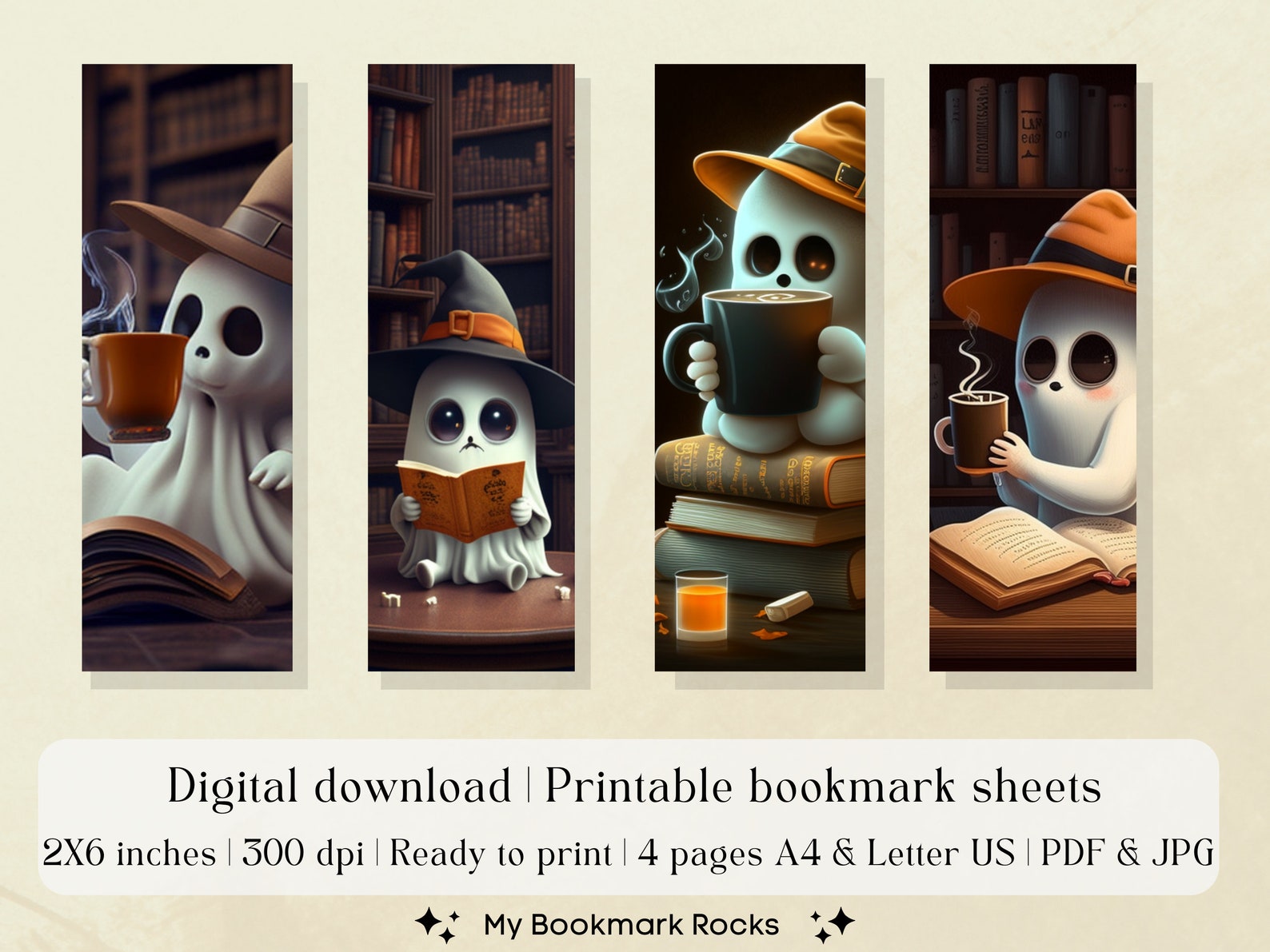 16 Cute Halloween Printable Bookmarks JPG / PDF Pages Ghost With Coffee ...