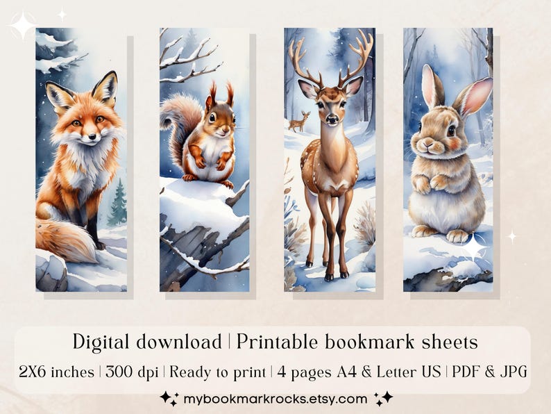 Set of 16 Watercolor "winter Animals" Printable Bookmarks, High-quality ...