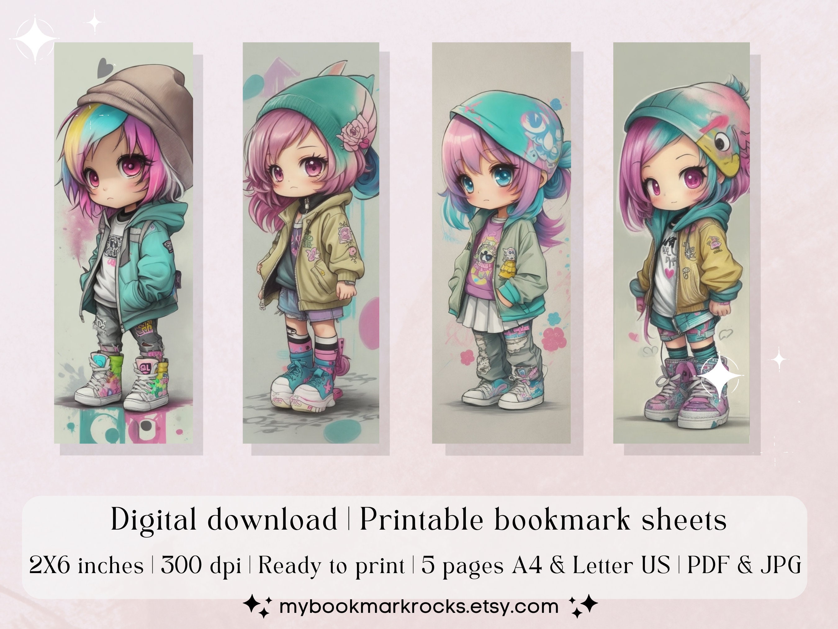 Set of 20 "chibi Pastel Graffiti Girl" Printable Bookmarks, Graffiti ...