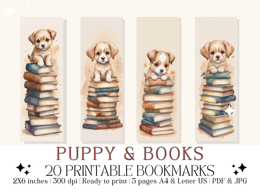 Set of 20 Watercolor "puppy & Books" Printable Bookmarks, Cute Puppy ...