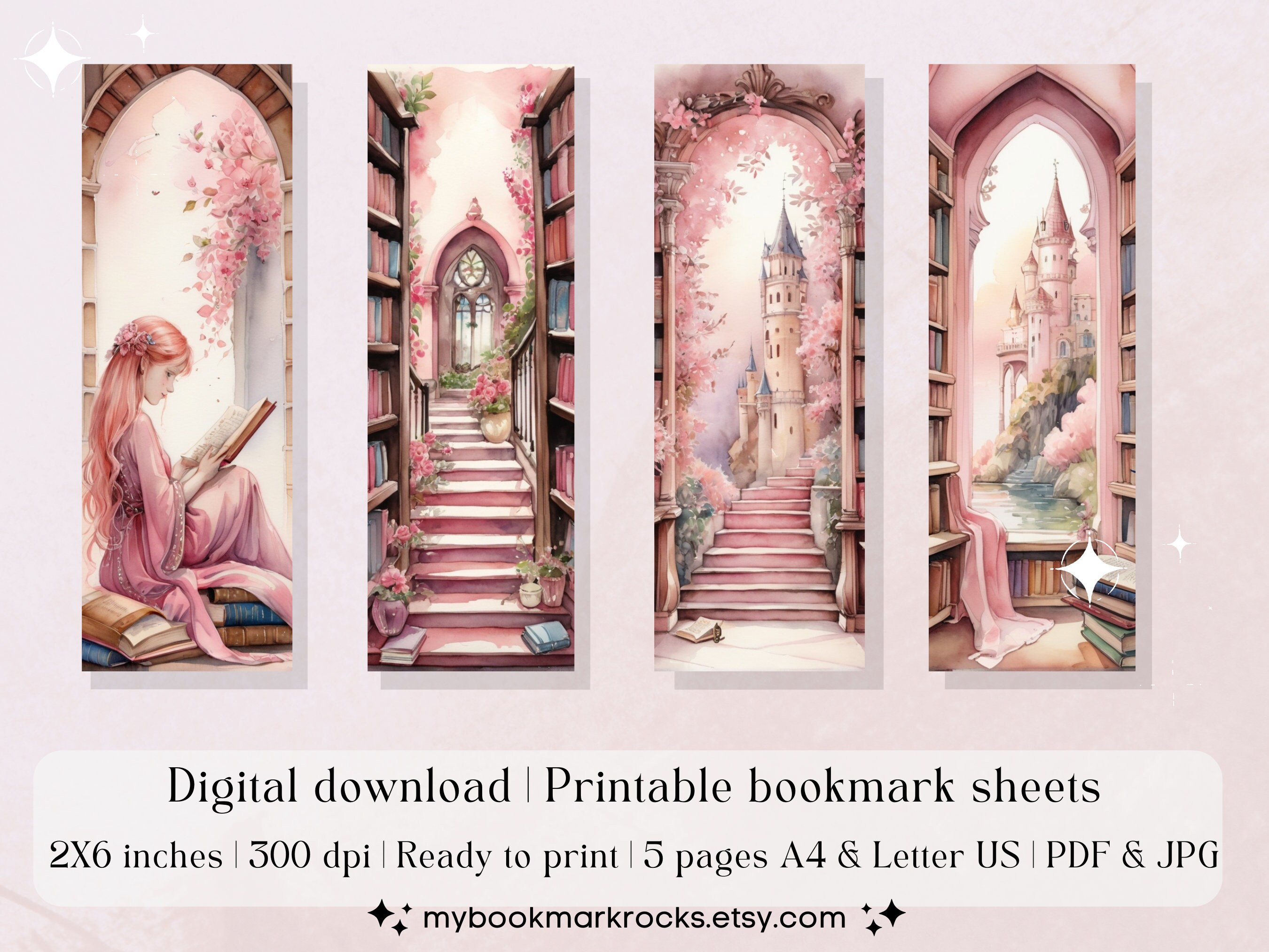 Set of 20 Watercolor "pink” Printable Bookmarks, High-quality PDF & JPG ...