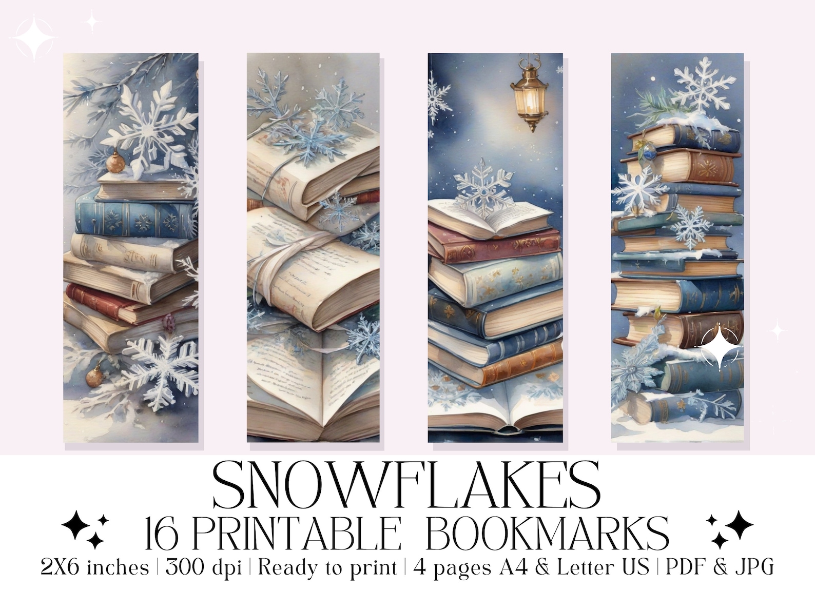 Set of 16 snowflakes Printable Bookmarks, Watercolor Digital Bookmarks ...