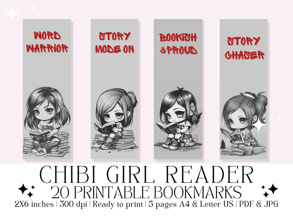 Set of 20 Kawaii "chibi Girl Reader" Printable Bookmarks, Kawaii Style ...