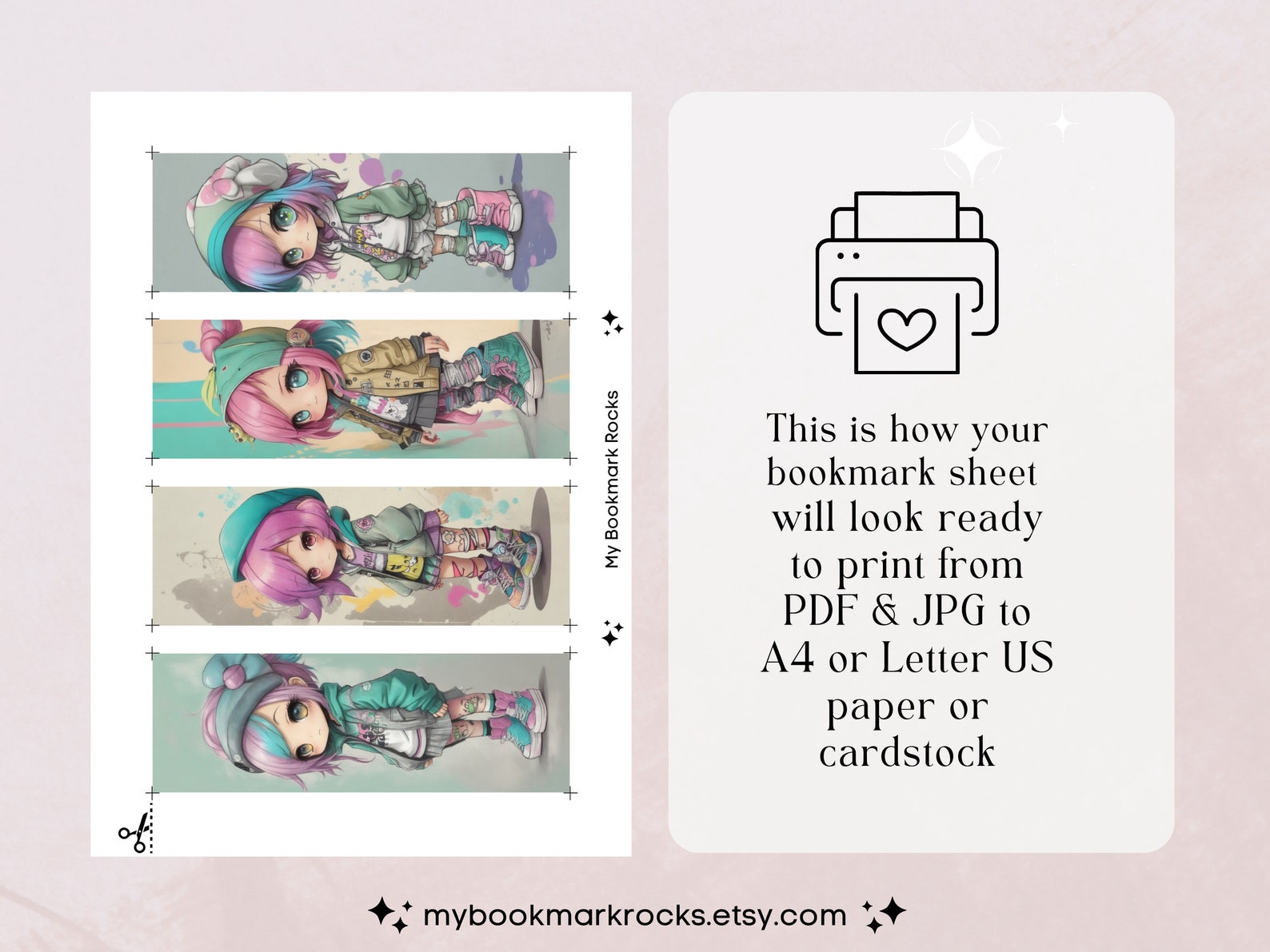Set of 20 "chibi Pastel Graffiti Girl" Printable Bookmarks, Graffiti ...
