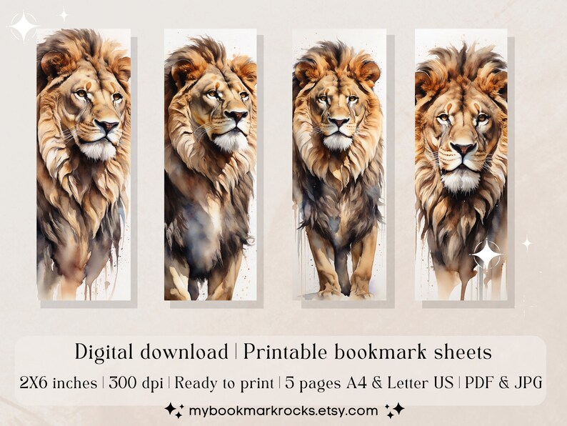 Set of 20 Watercolor "majestic Lions" Printable Bookmarks, Animal ...