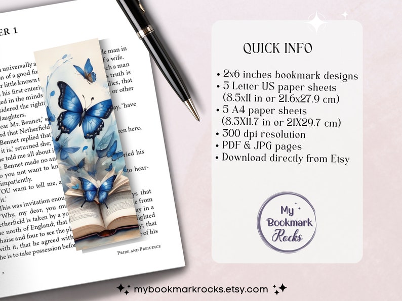 Set of 20 Watercolor "blue Butterfly" Printable Bookmarks, Book Lover's ...
