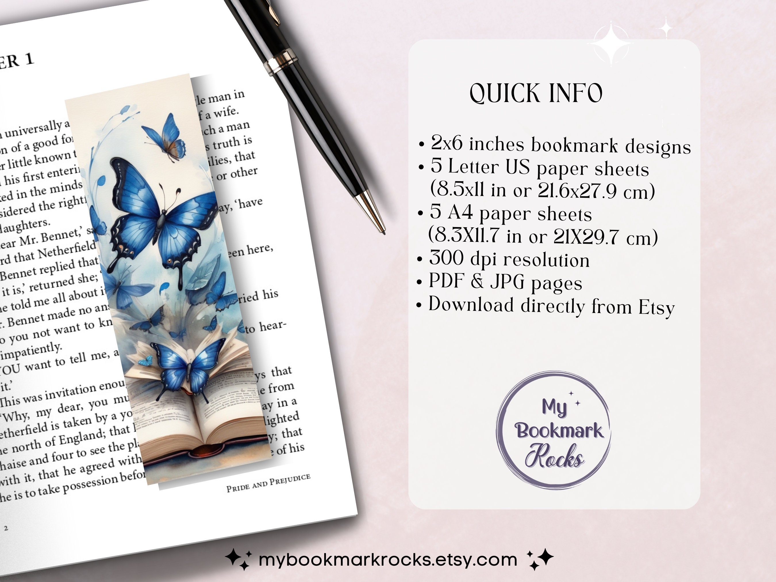 Set of 20 Watercolor "blue Butterfly" Printable Bookmarks, Book Lover's ...